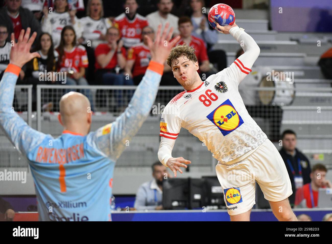 Franko Lastro of Austria shoots the ball during the 2025 IHF Men's ...