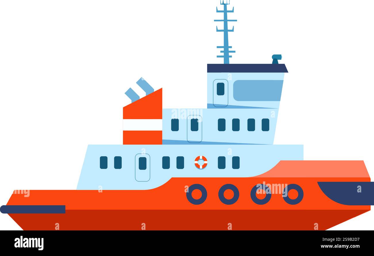 Orange and blue tugboat sailing on white background, maritime transport ...