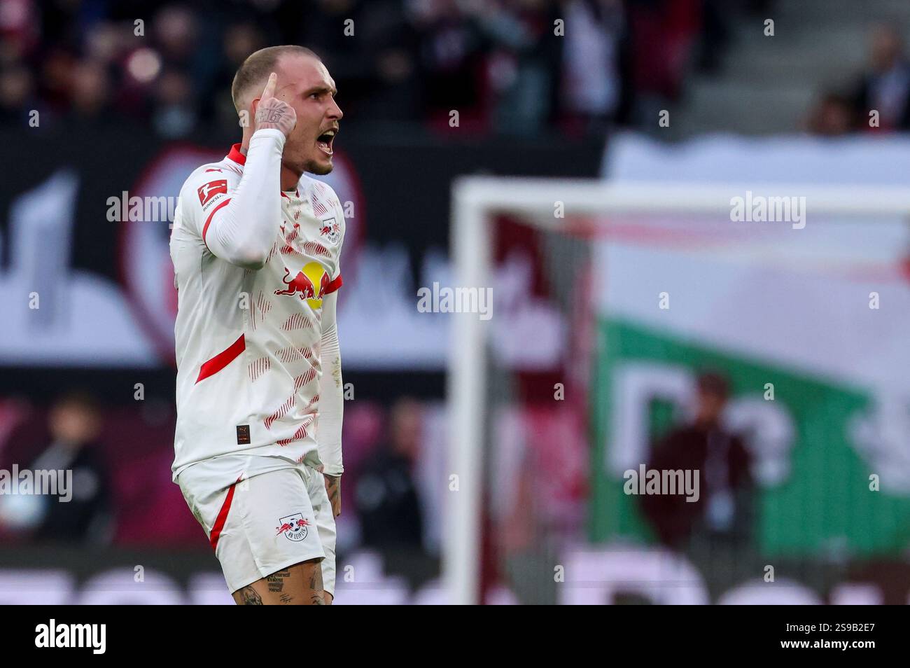 Leipzig player David Raum celebrates after scoring a goal during the ...