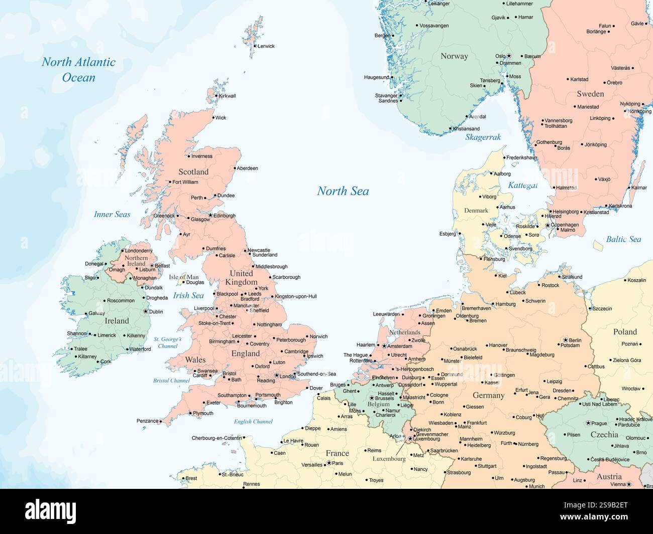 Political map showing the United Kingdom, Ireland, and parts of ...