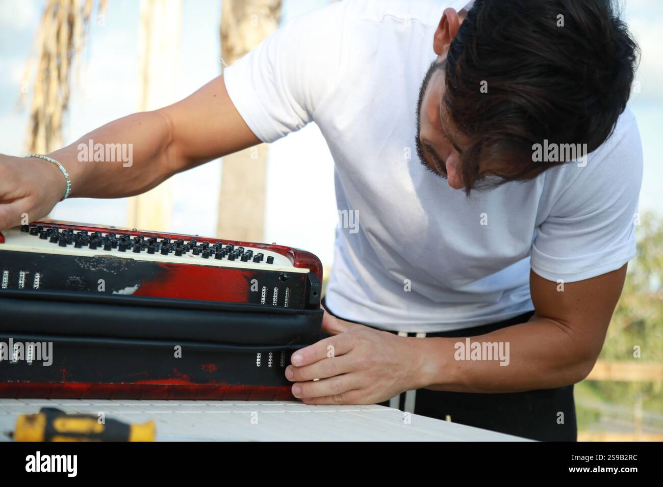 Man Using Tool To Fix And Tune Accordion Stock Photo - Alamy