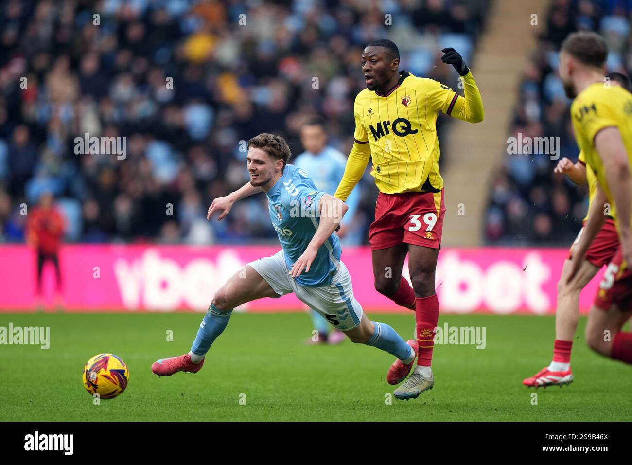 Coventry City's Jack Rudoni (left) and Watford’s Edo Kayembe battle for ...