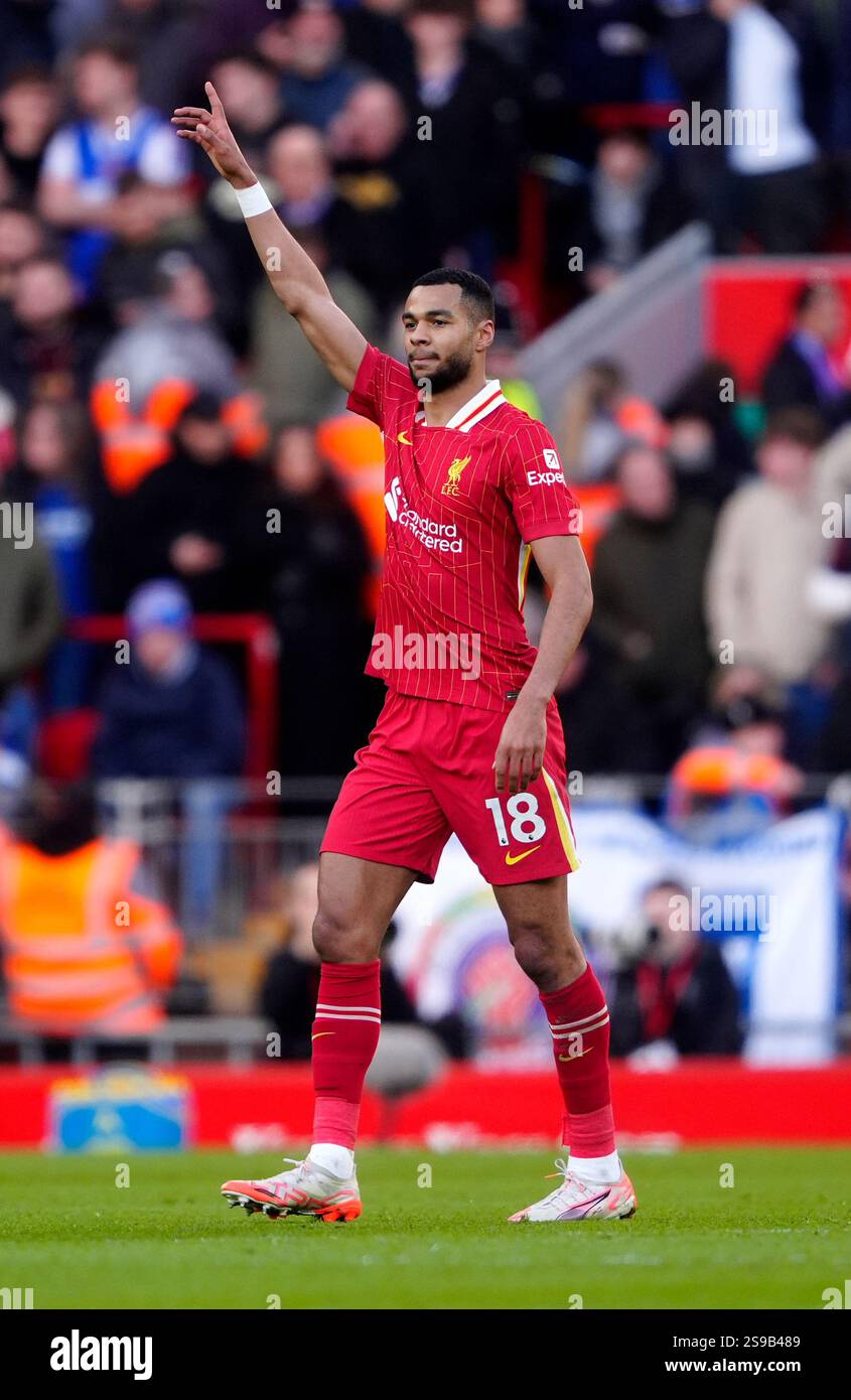 Liverpool's Cody Gakpo celebrates scoring their side's third goal of ...