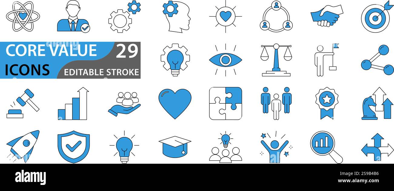 Set of icons core values. vector images with editable stroke. Includes passion, diversity ...