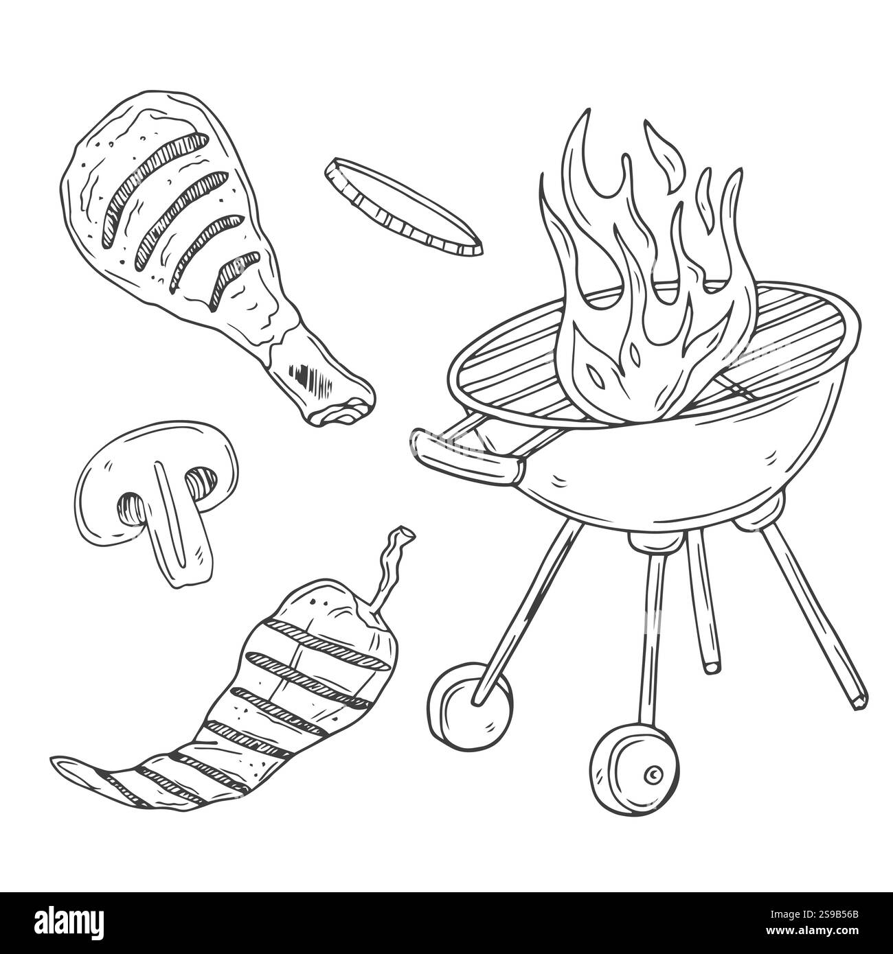 Barbecue grill hand-drawn outline doodle Set. BBQ Vector Illustration Barbecue party Sketch ...