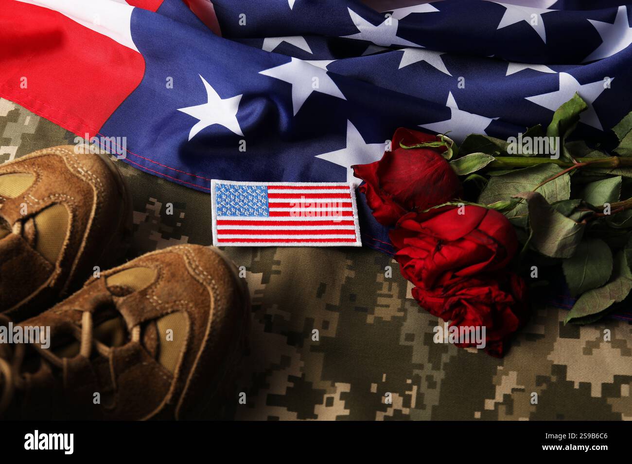Veterans day. USA army patch, American flag, roses and military uniform ...