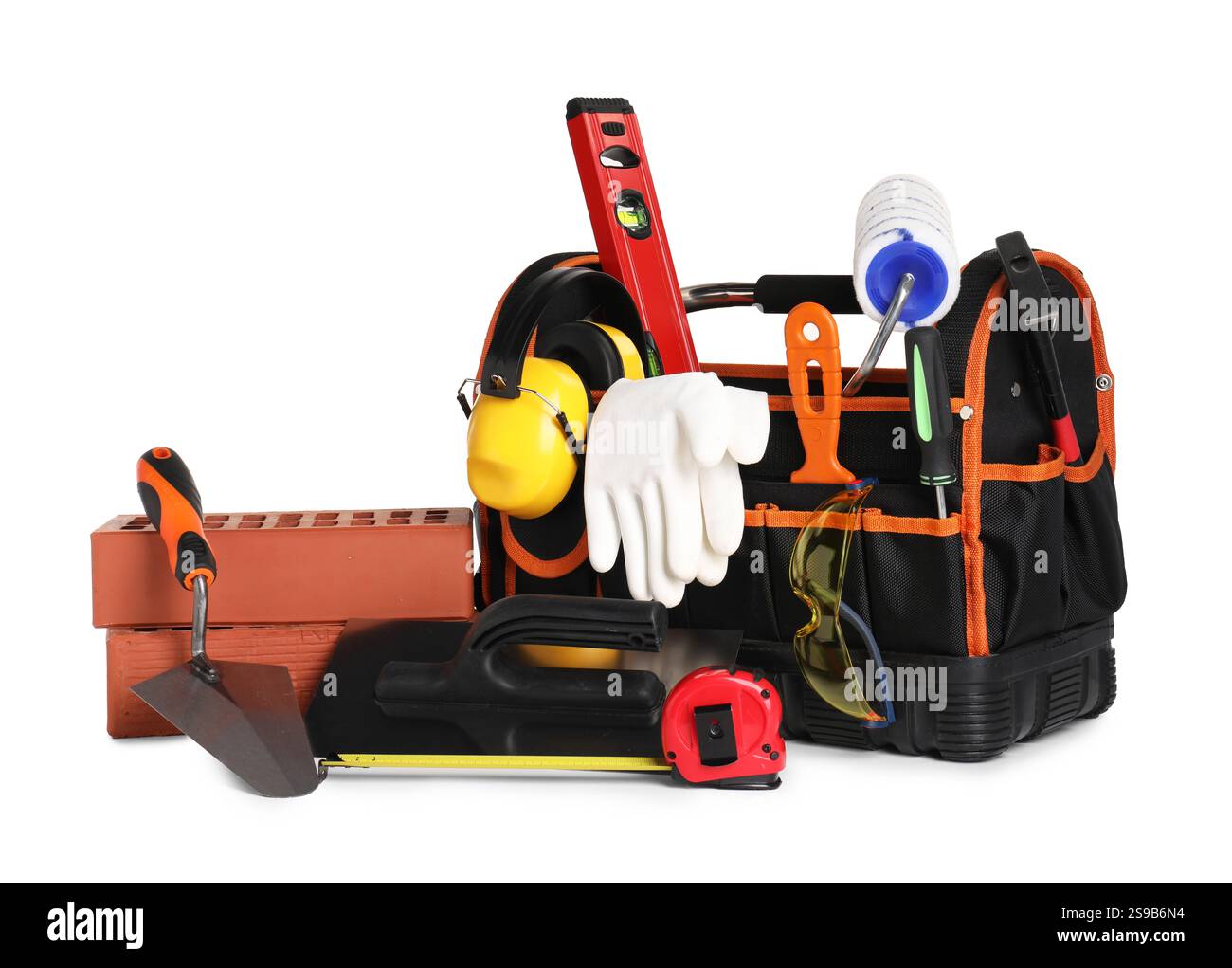 Bag with construction tools and building materials isolated on white ...