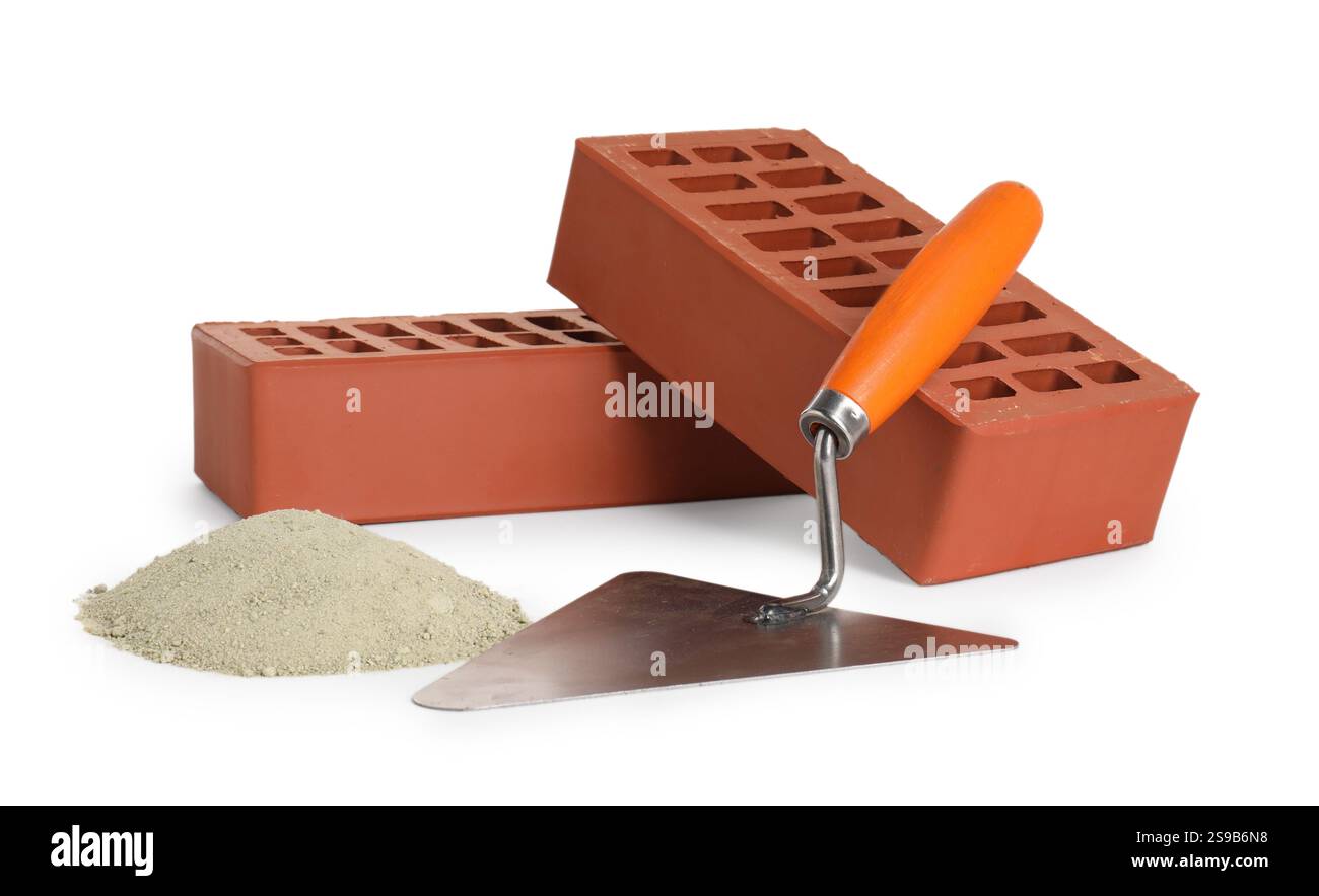 Construction materials and bucket trowel isolated on white Stock Photo ...
