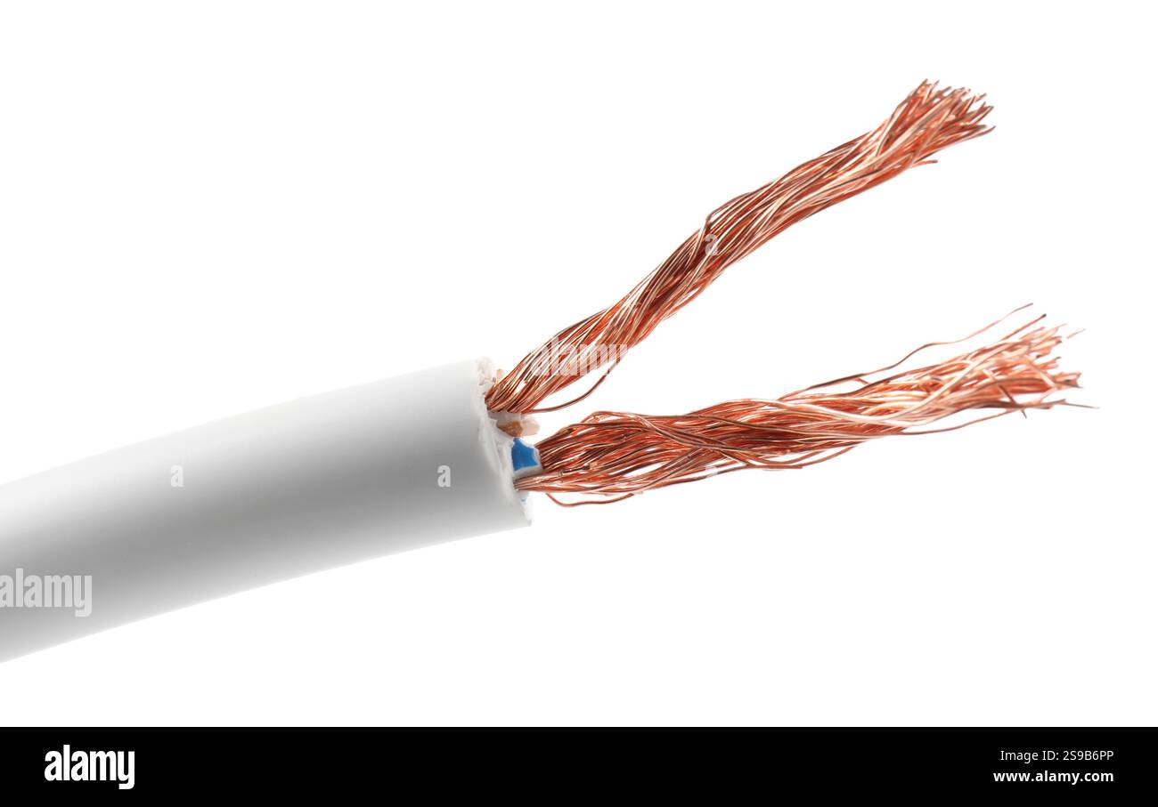 Stripped electrical wire with copper strands on white background Stock ...