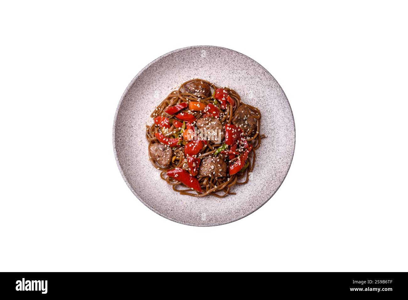 Delicious spicy Asian food soba with buckwheat noodles, beef ...
