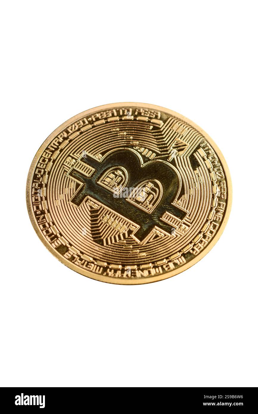 Bitcoin cryptocurrency dummy in the form of a round iron coin ...