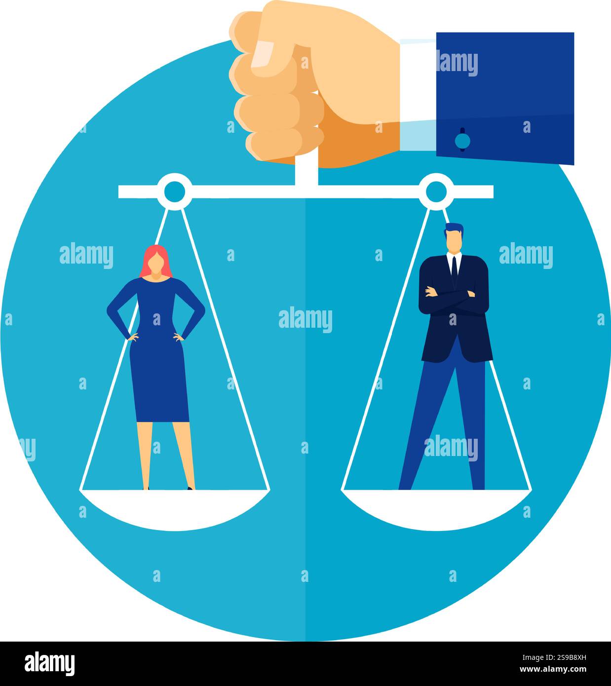 Giant hand holding a balance scale with a businesswoman and businessman ...