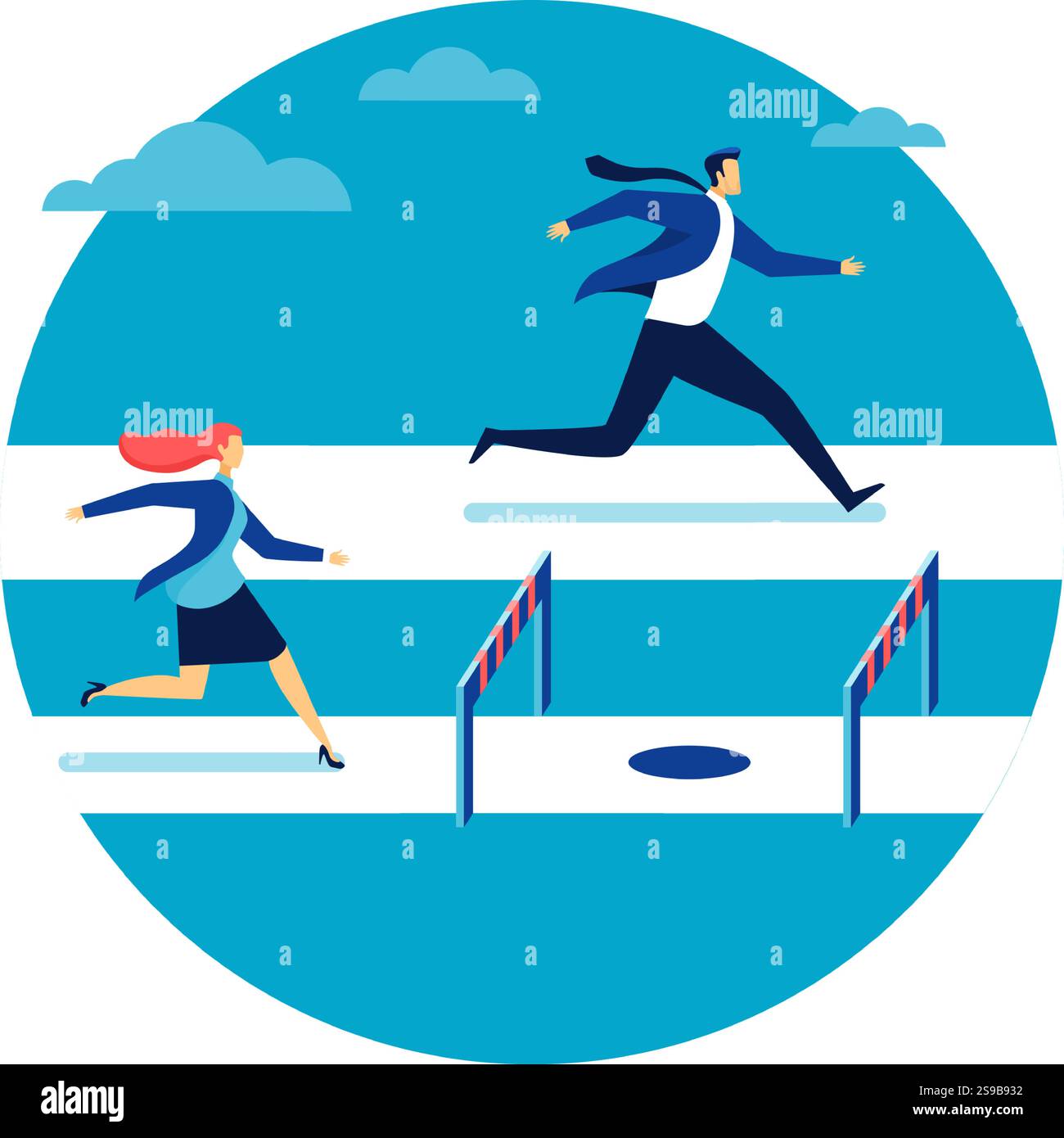 Businessman running on easy path while businesswoman facing hurdles and ...