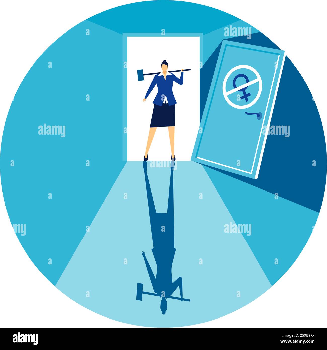 Businesswoman holding sledgehammer is breaking through a closed door ...