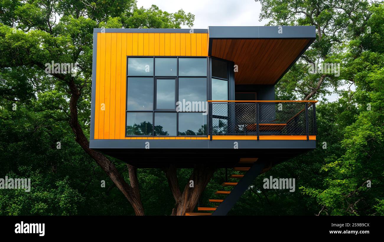 A modern and futuristic treehouse featuring sleek glass panels ...