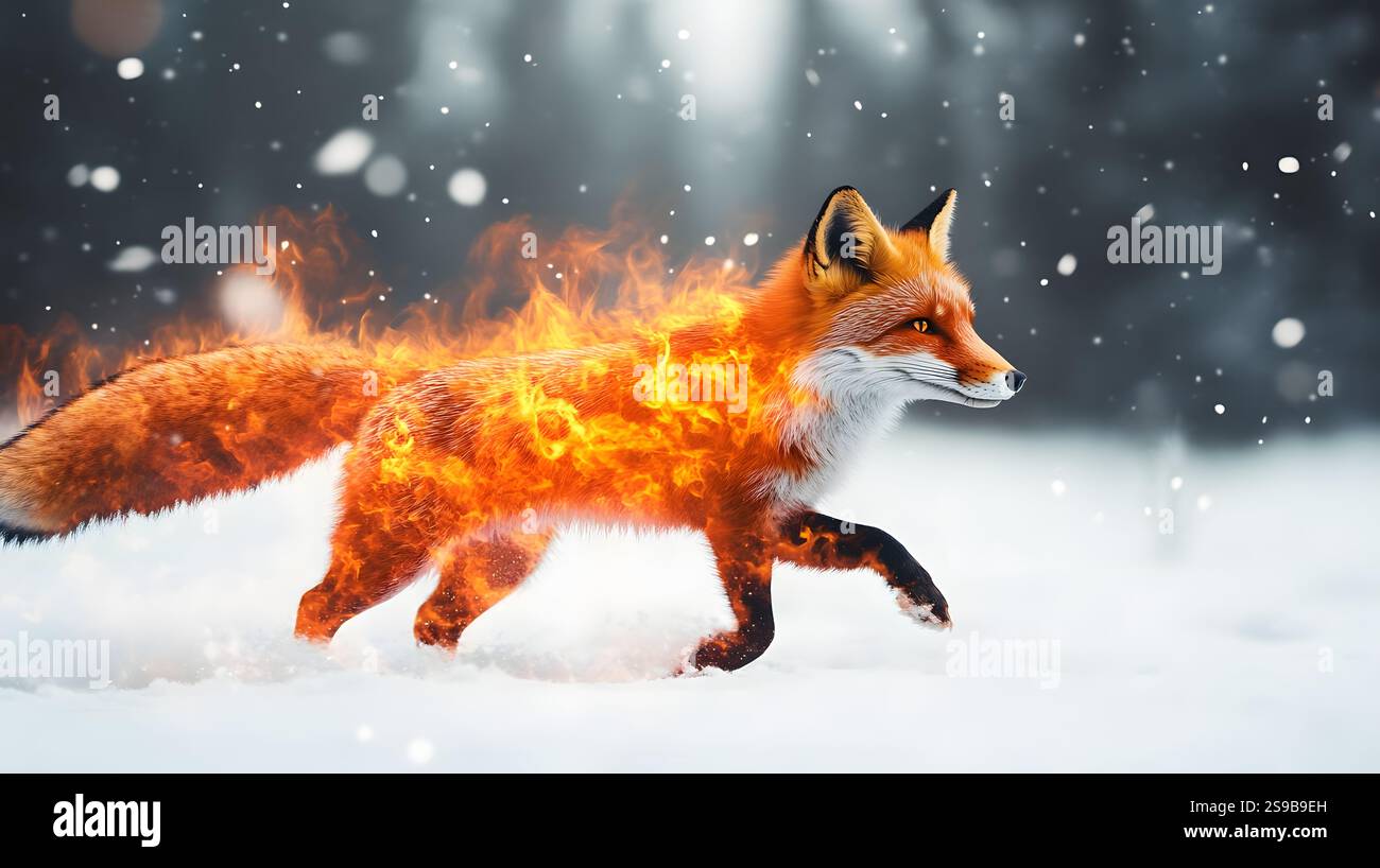 Fiery,flaming fox dashing through a snowy,wintry forest landscape with ...