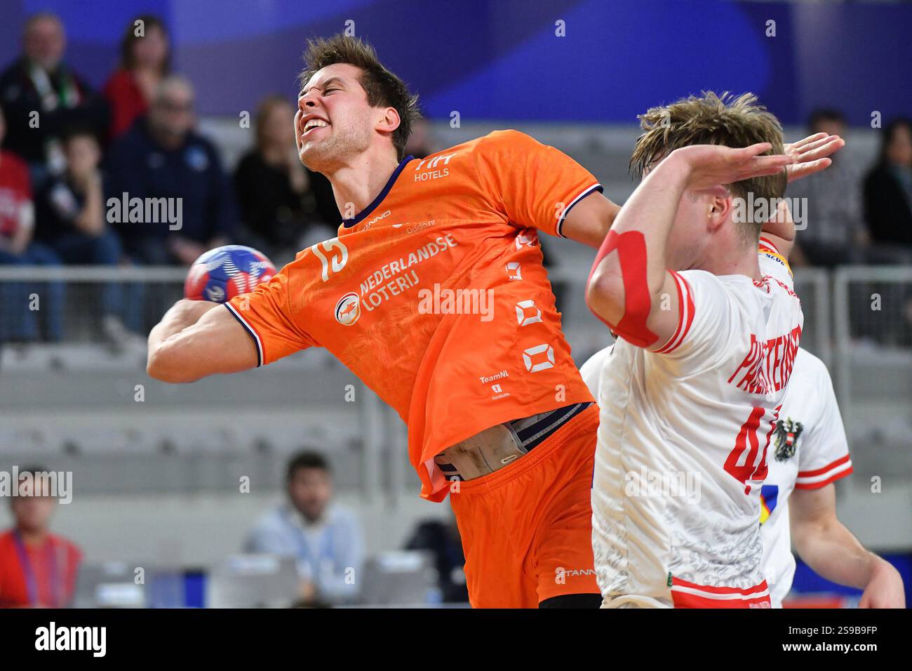 Lars Kooij of Netherlands shoots the ball during the 2025 IHF Men's Handball World Championship ...