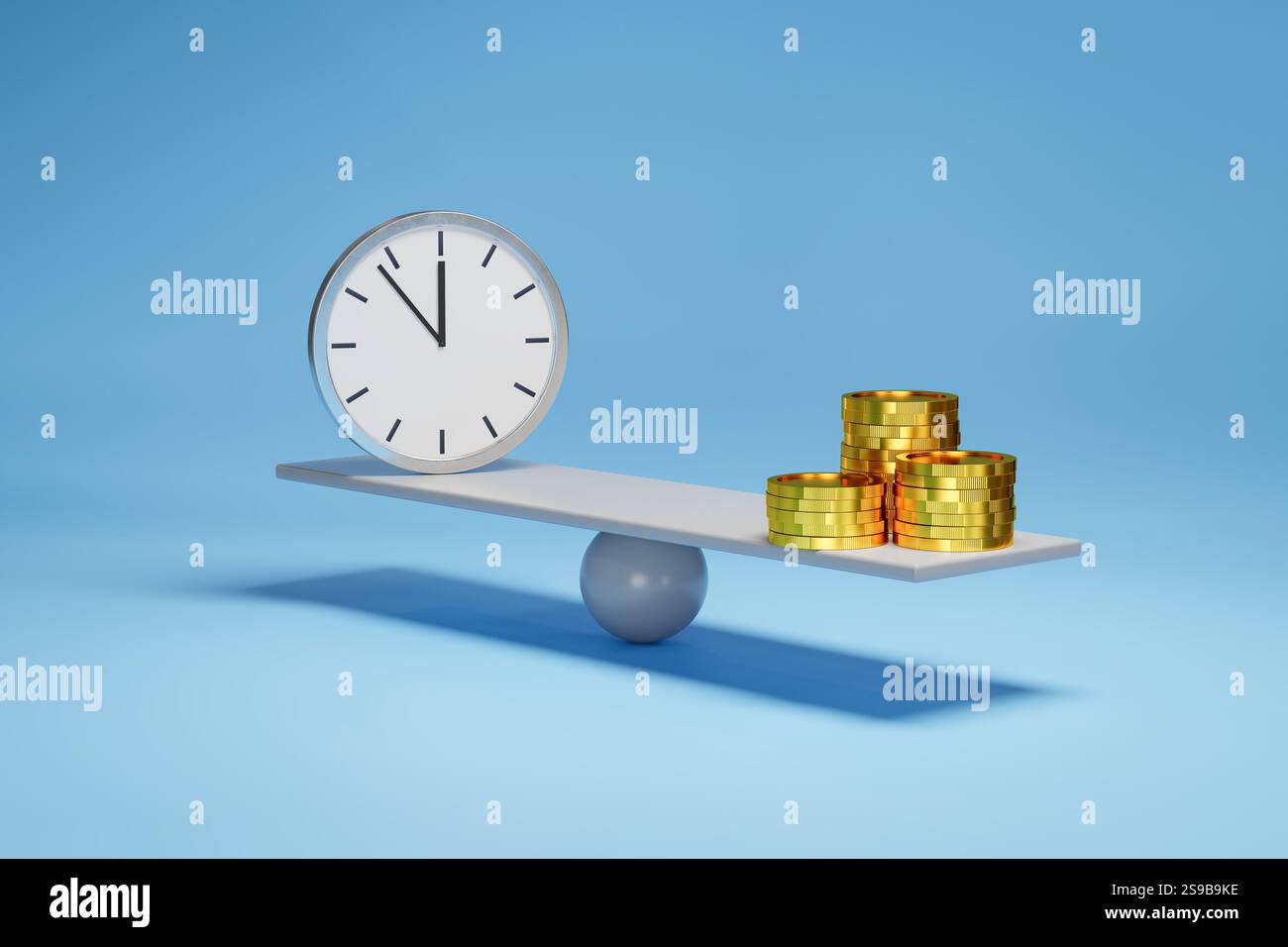 Time is money concept. A clock and stacks of gold coins on a scale ...