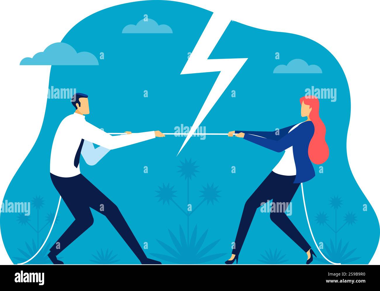 Businessman and businesswoman engaged in a tug of war competition ...