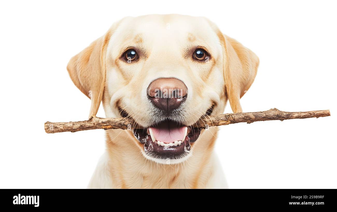A cheerful and friendly Labrador retriever dog happily holding a stick ...