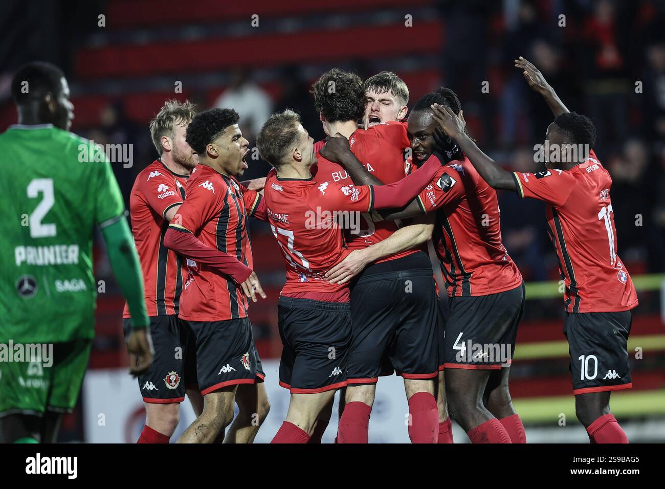 Seraing's Noah Solheid celebrates after scoring during a soccer match ...