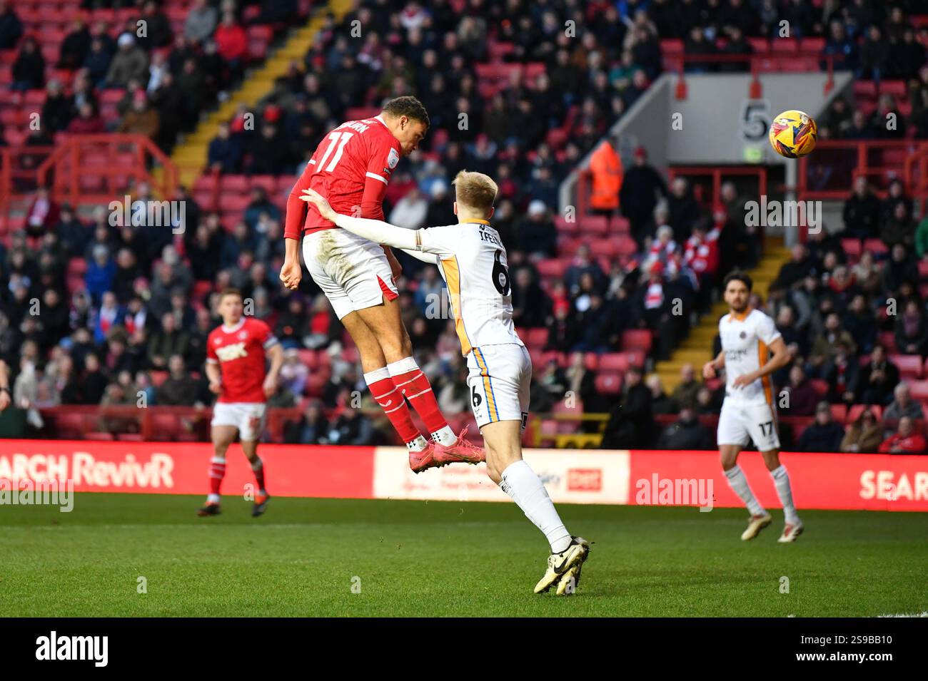 London, England. 25th Jan 2025. Miles Leaburn heads towards goal during ...