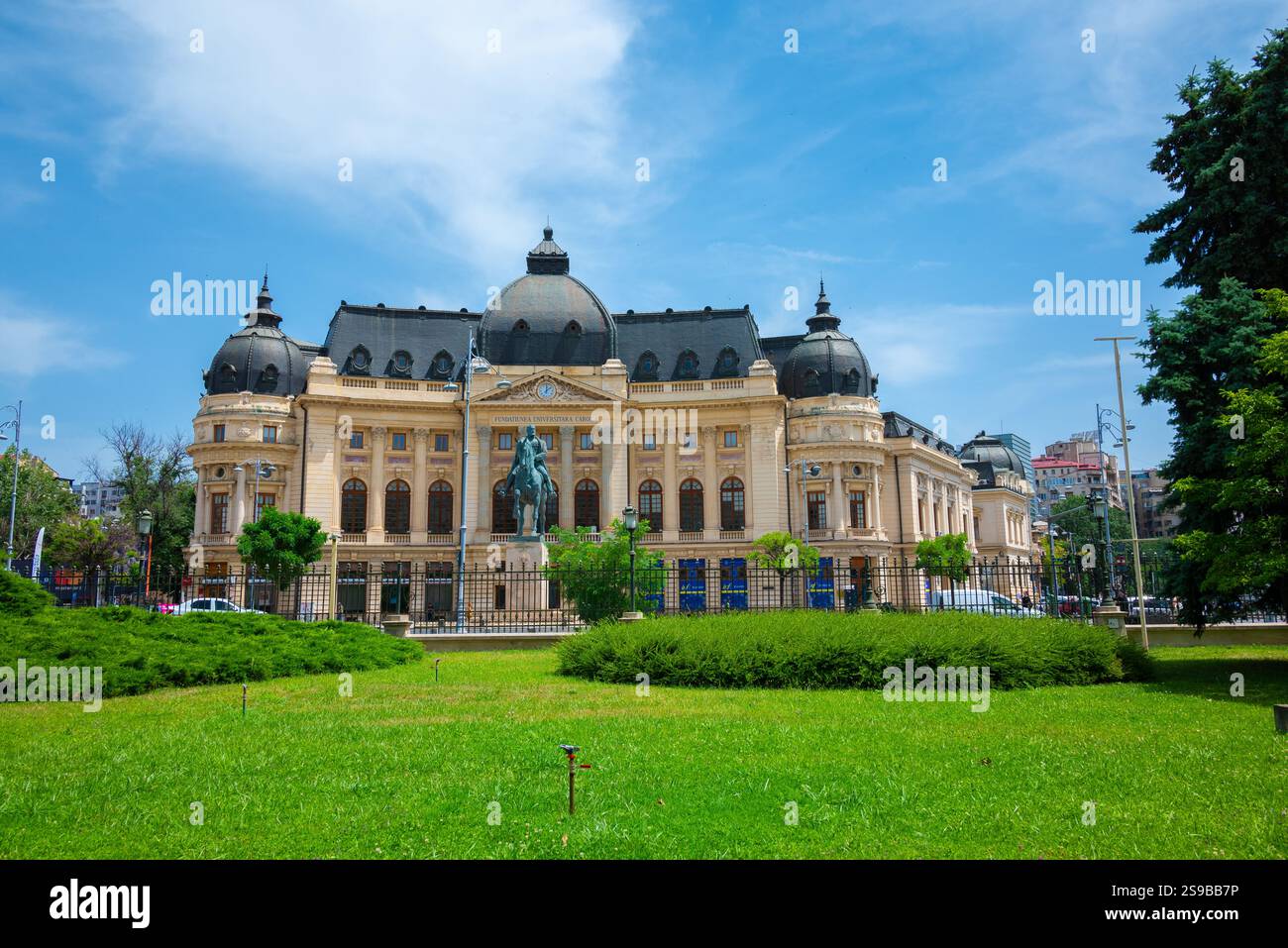 The Central University Library of Bucharest in Romania. Statue of Carol ...