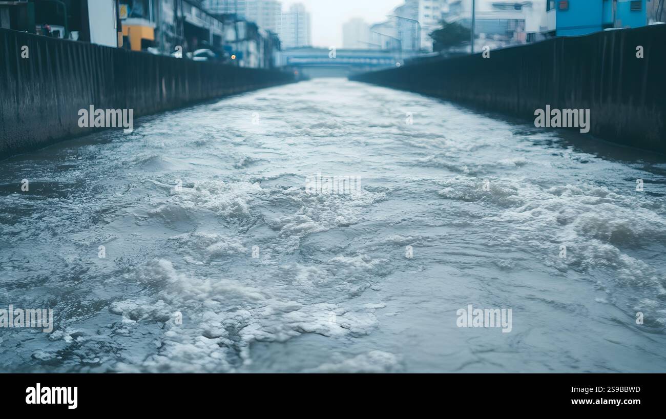 Flooded urban roadway with rushing water flowing through congested city ...