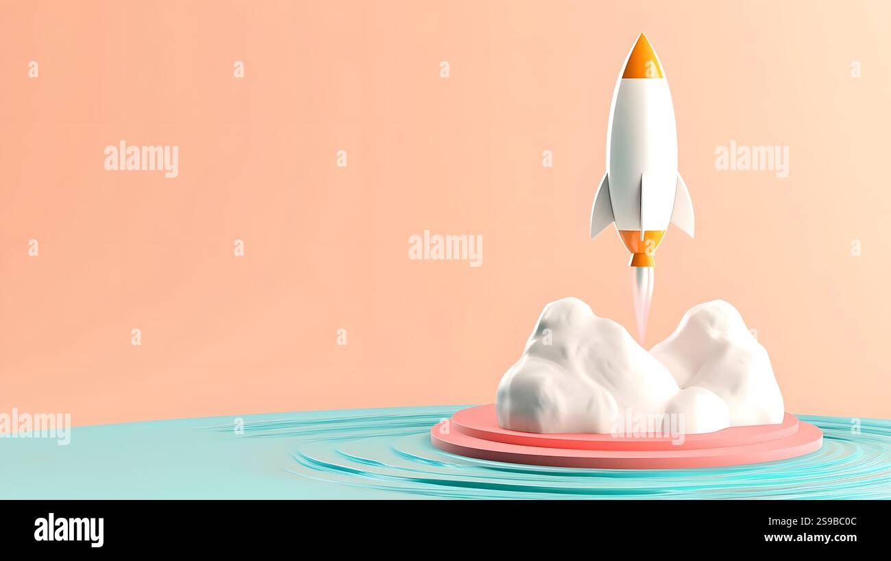 Minimalist and simple digital render of a rocket launching from a ...