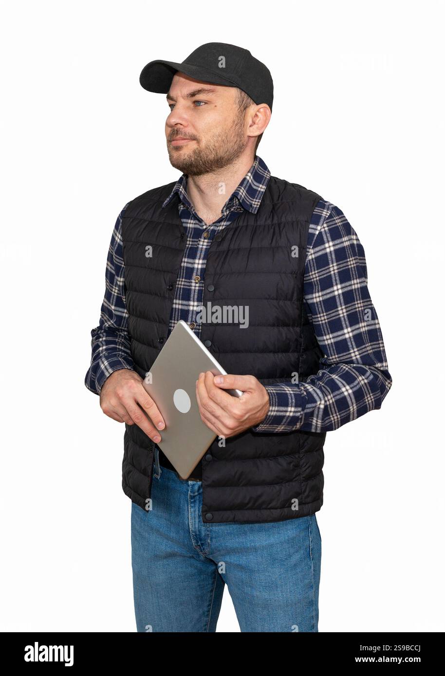 Worker in cap holding Cut Out Stock Images & Pictures - Alamy