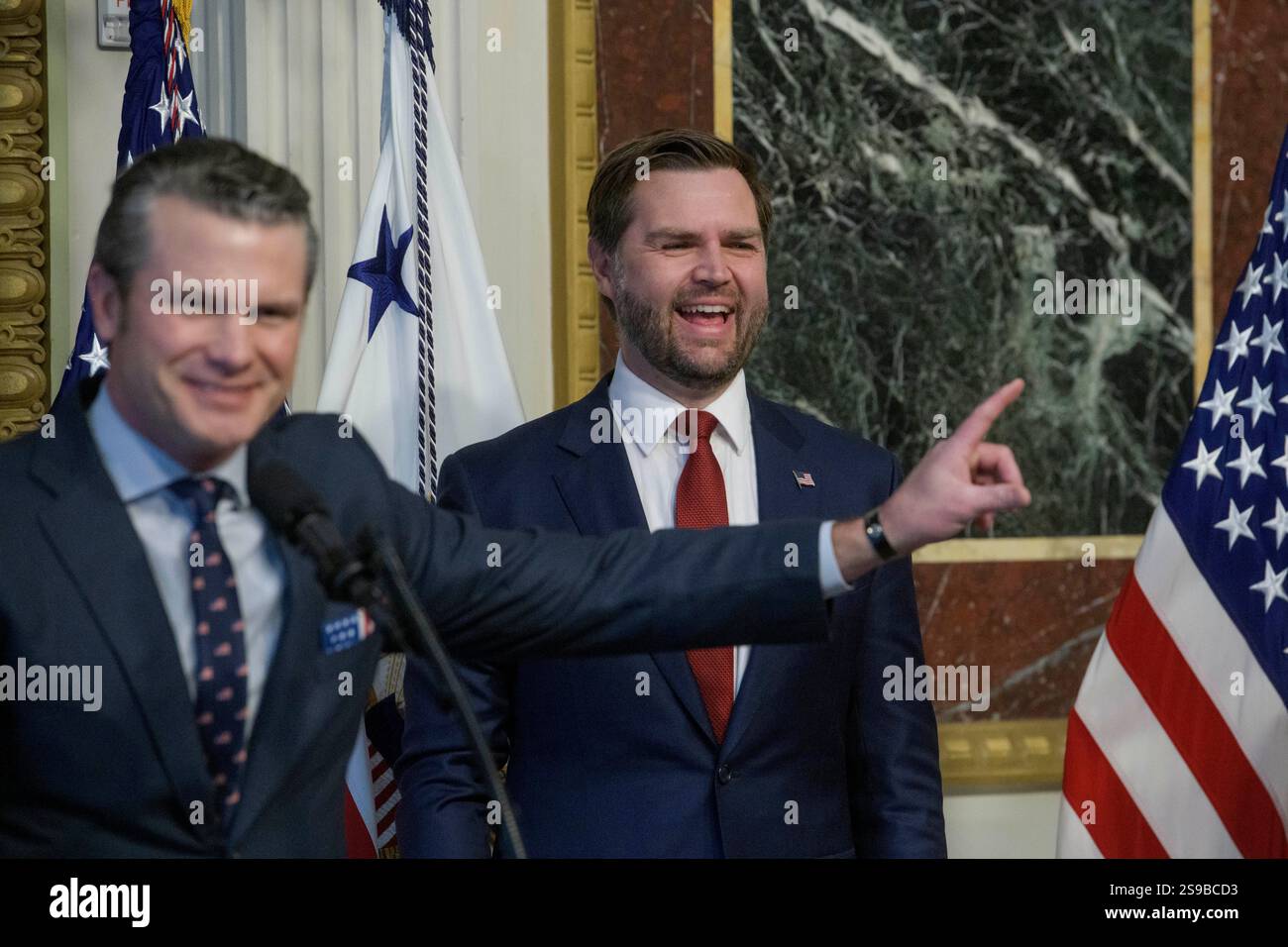 Pete Hegseth speaks after being sworn in as Secretary of Defense by Vice President JD Vance in ...