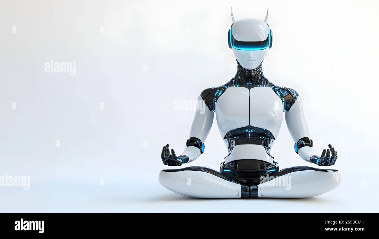 A captivating digital of a robotic figure sitting in a meditative pose ...