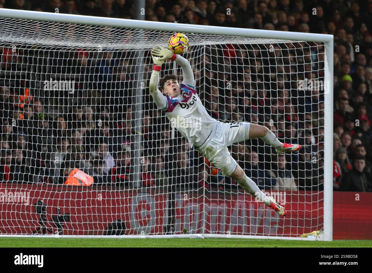 Kepa Arrizabalaga of Bournemouth makes a diving save during the Premier ...