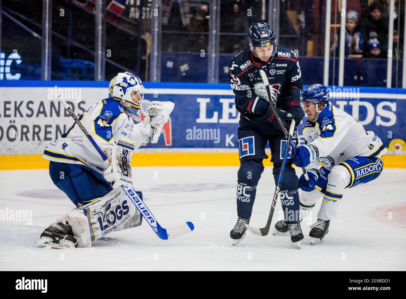 250125 Leksands målvakt Mantas Armalis och Linköpings Ty Rattie och Leksands Arvid Eljas under ...