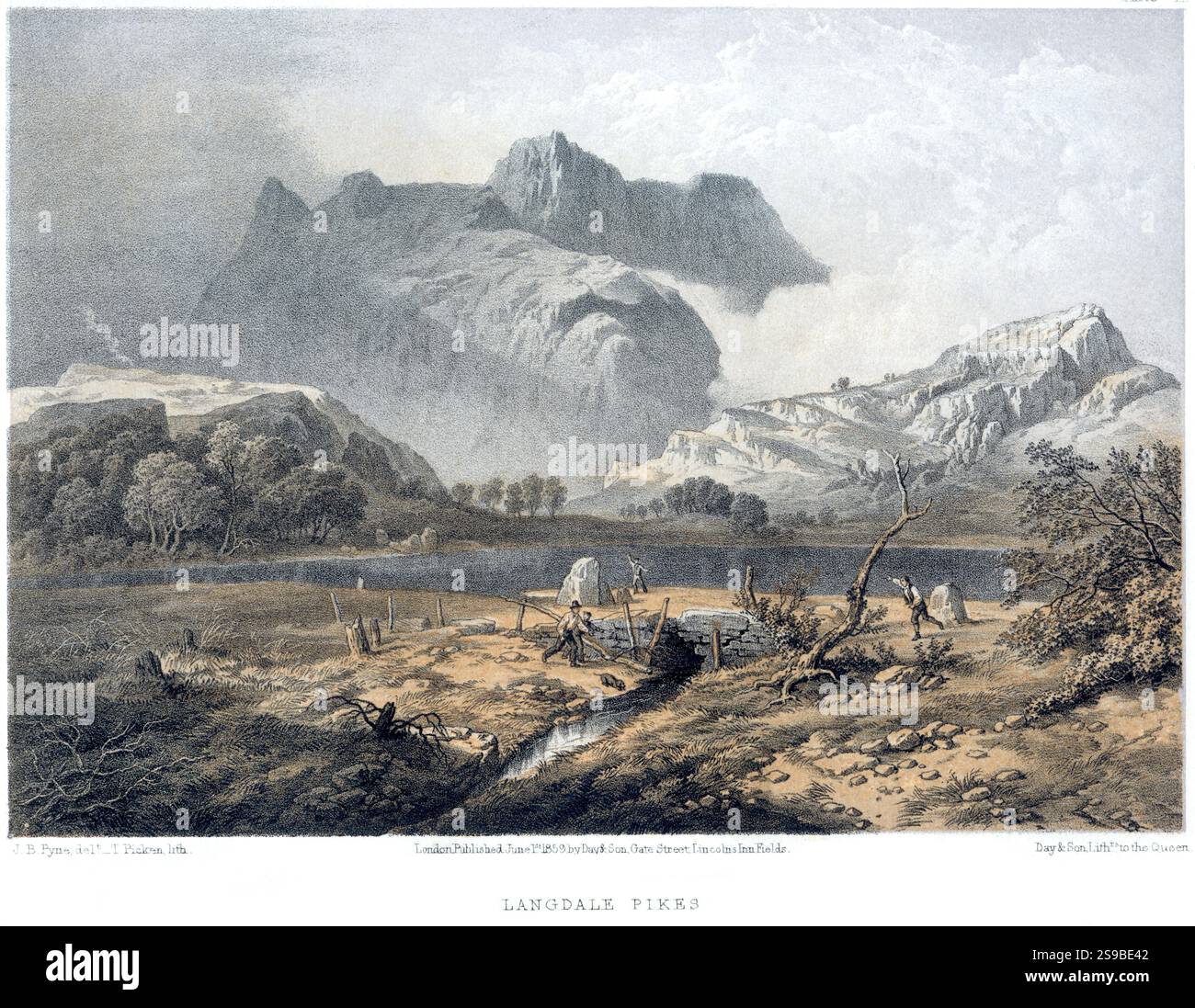 A coloured lithograph of Langdale Pikes scanned at high resolution from ...