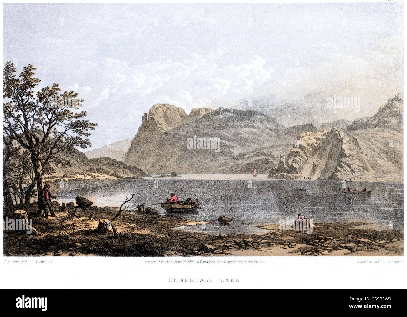 A coloured lithograph of Ennerdale Lake scanned at high resolution from ...