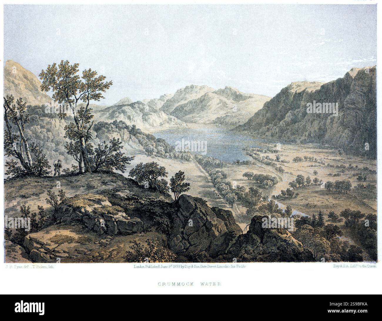 A coloured lithograph of Crummock Water scanned at high resolution from ...