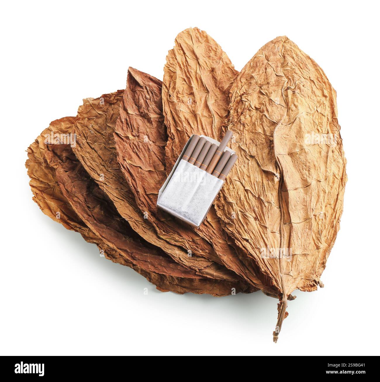 Dried tobacco leaves and cigarettes isolated on white, top view Stock ...