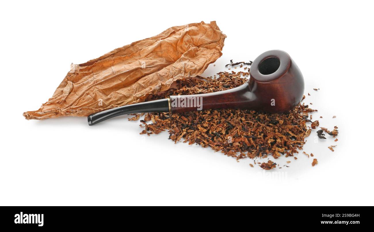 Dry tobacco, leaf and smoking pipe isolated on white Stock Photo - Alamy