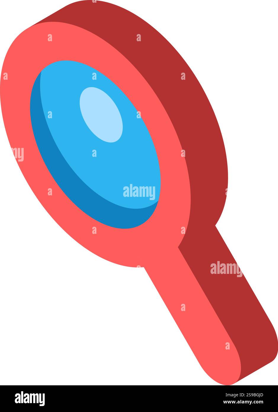 Isometric illustration of a red magnifying glass icon with a blue lens ...