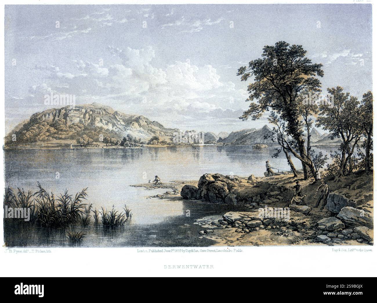 A coloured lithograph of Derwentwater scanned at high resolution from a ...