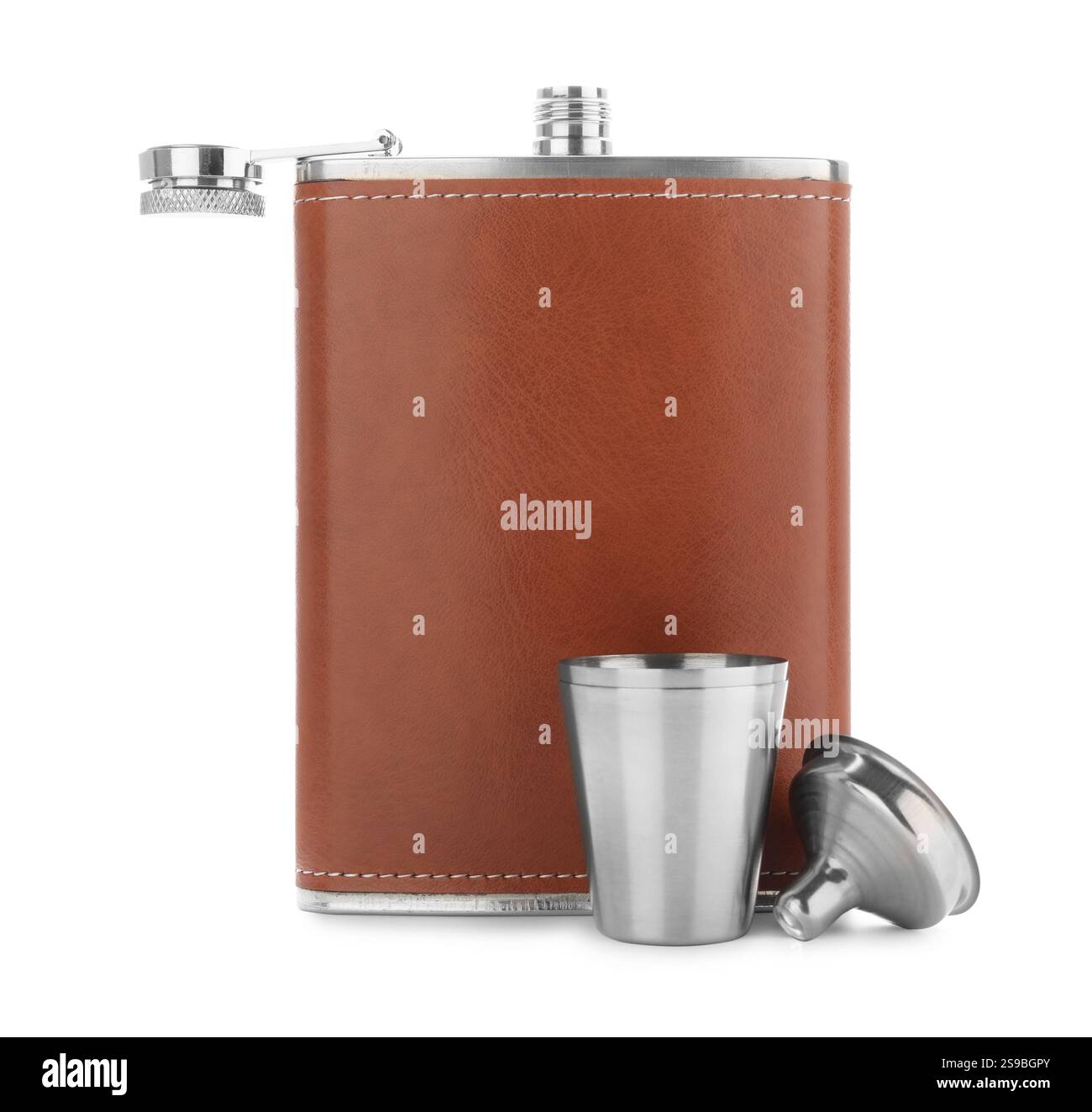 Hip flask, cup and funnel isolated on white Stock Photo - Alamy