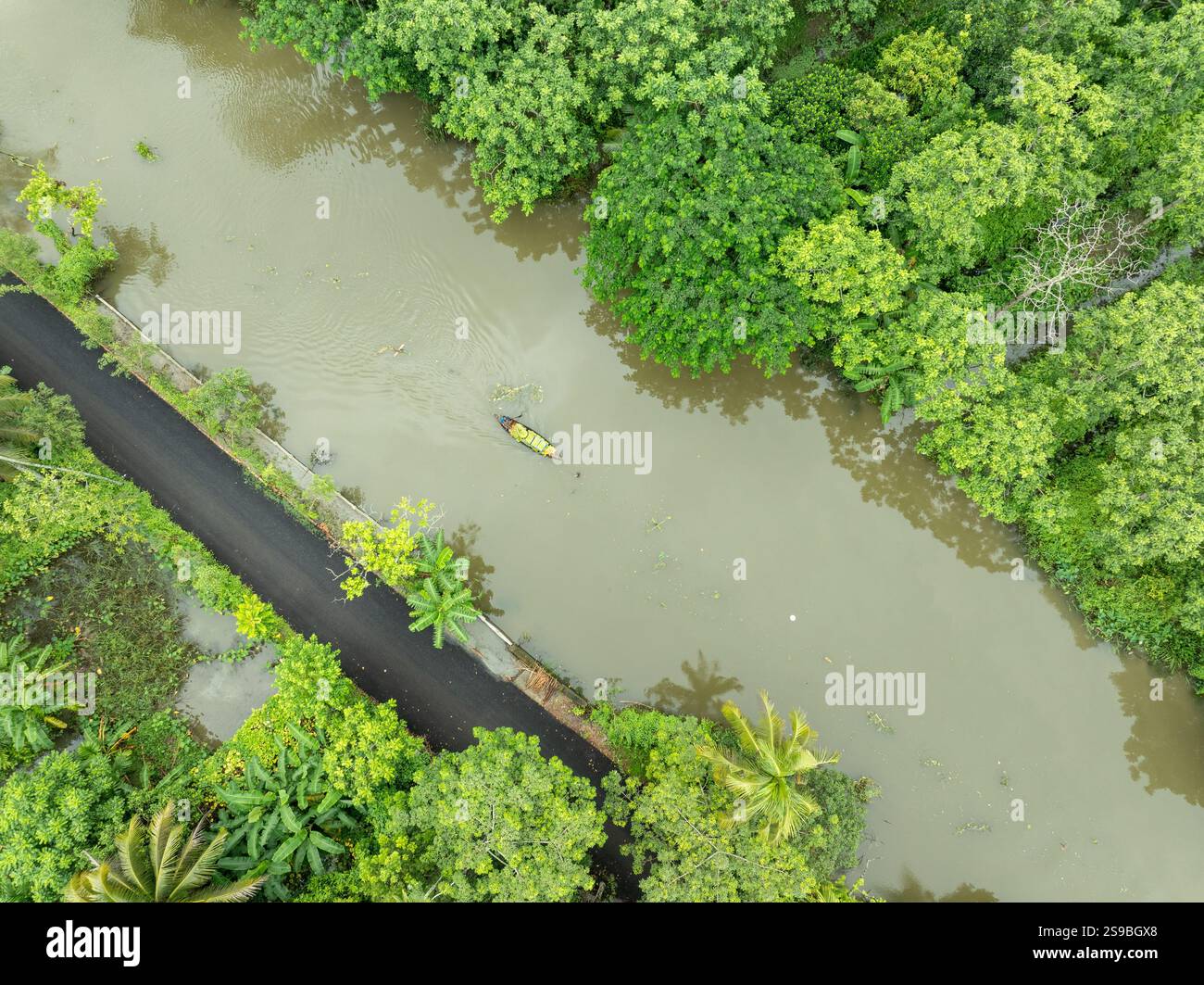 Aerial view of a boat sailing at floating guava garden with beautiful ...