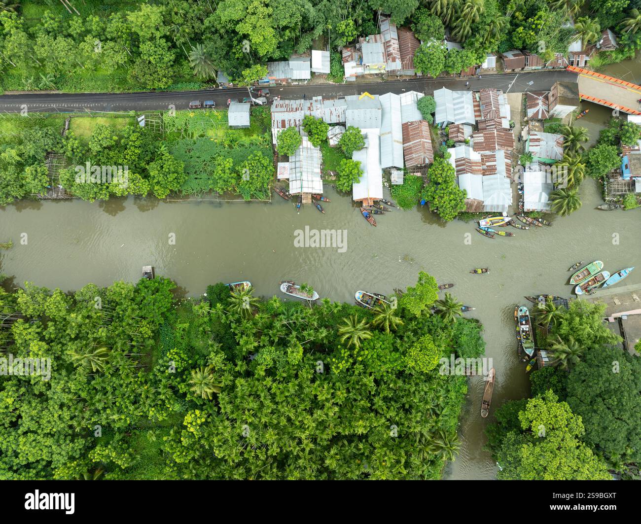 Aerial view of a boat sailing at floating guava garden with beautiful ...