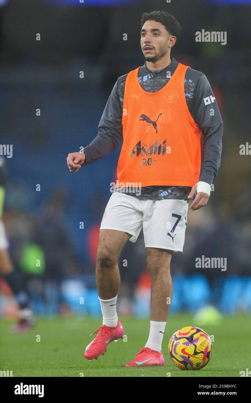 Manchester City's Omar Marmoush controls the ball during warm up before ...