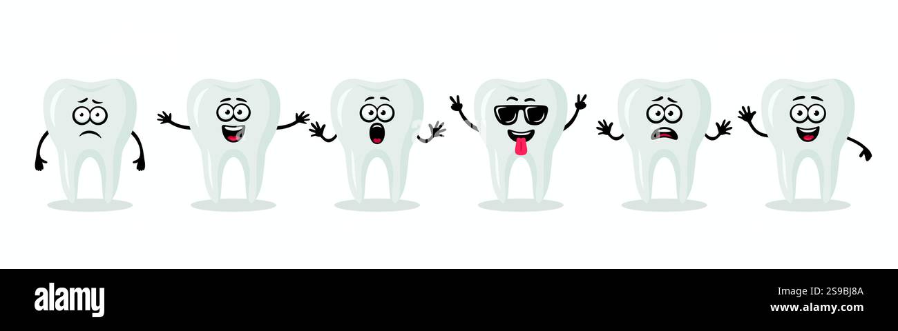Adorable Tooth Characters Showing Different Emotions. Flat Vector Tooth ...