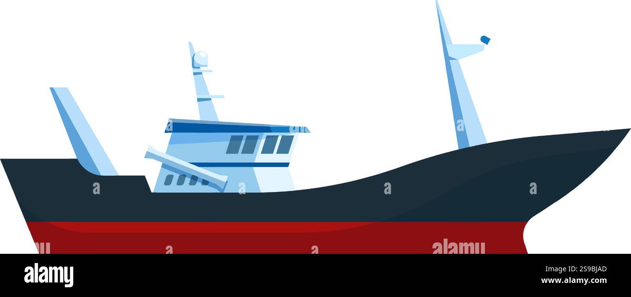 Fishing trawler navigating the open sea, featuring outriggers and ...