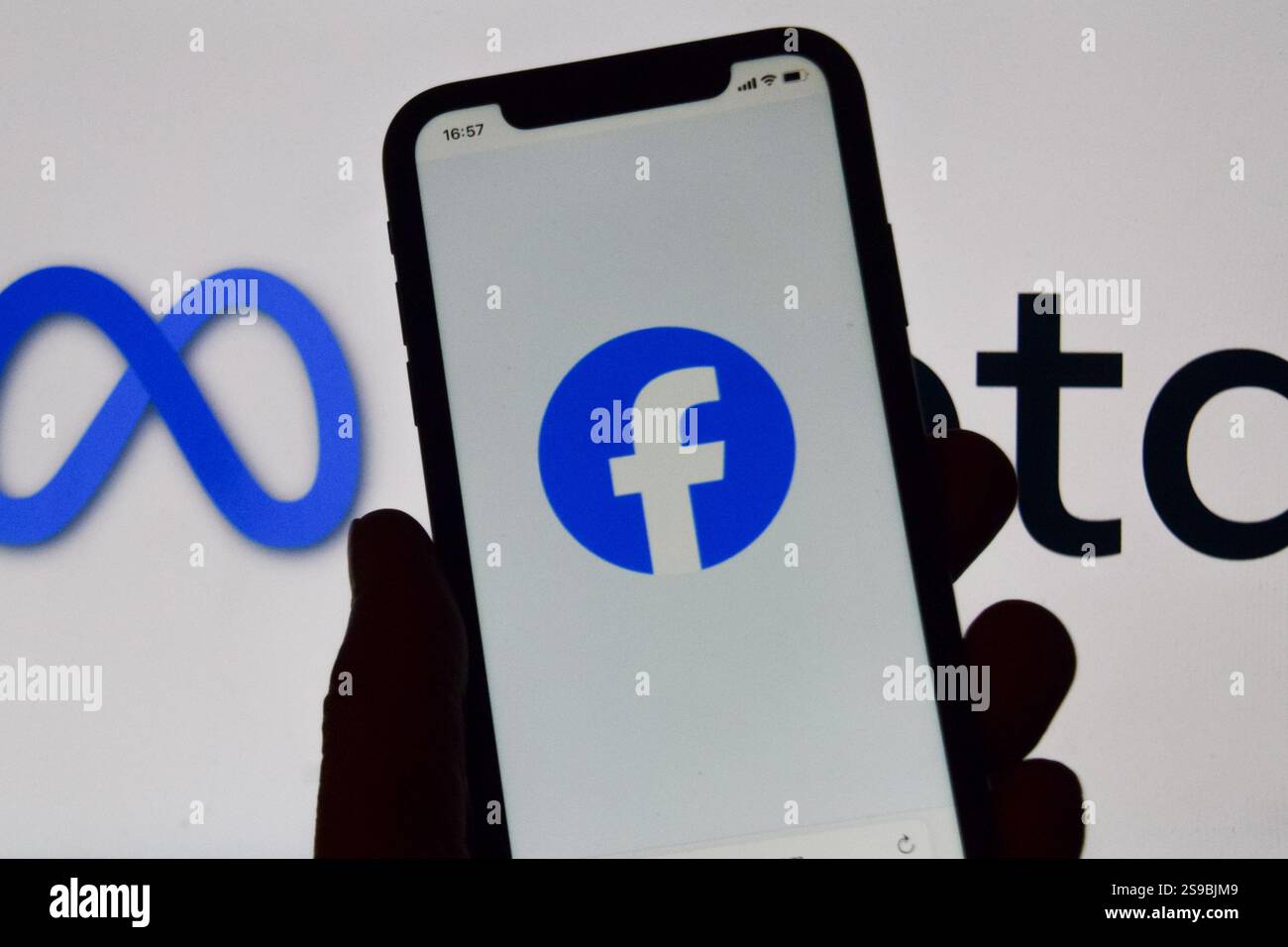 London, UK. 7th January 2025. Facebook app logo on a phone screen and ...