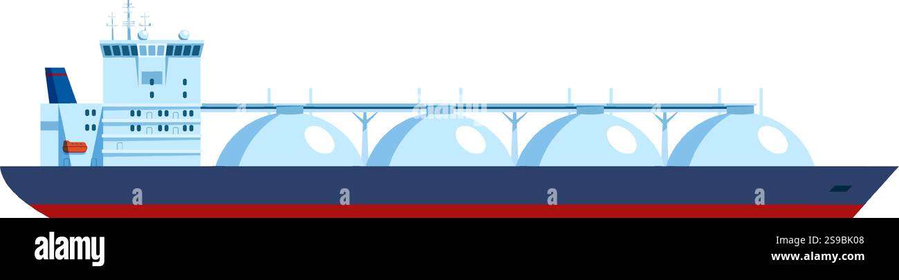 Side view of a large LNG tanker ship sailing across blue waters, transporting liquefied natural ...