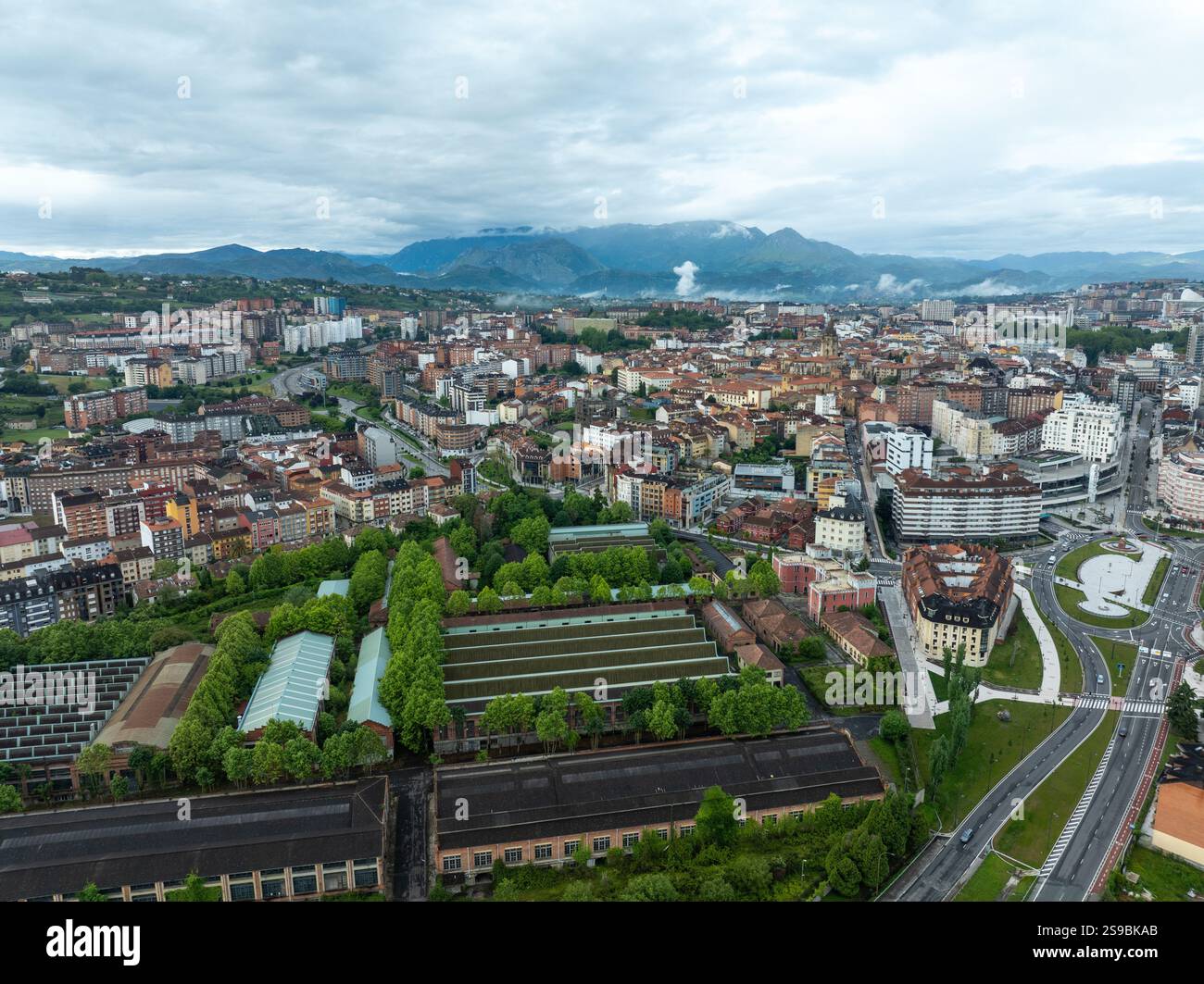 Aerial view of beautiful old town architecture and city streets, Oviedo ...